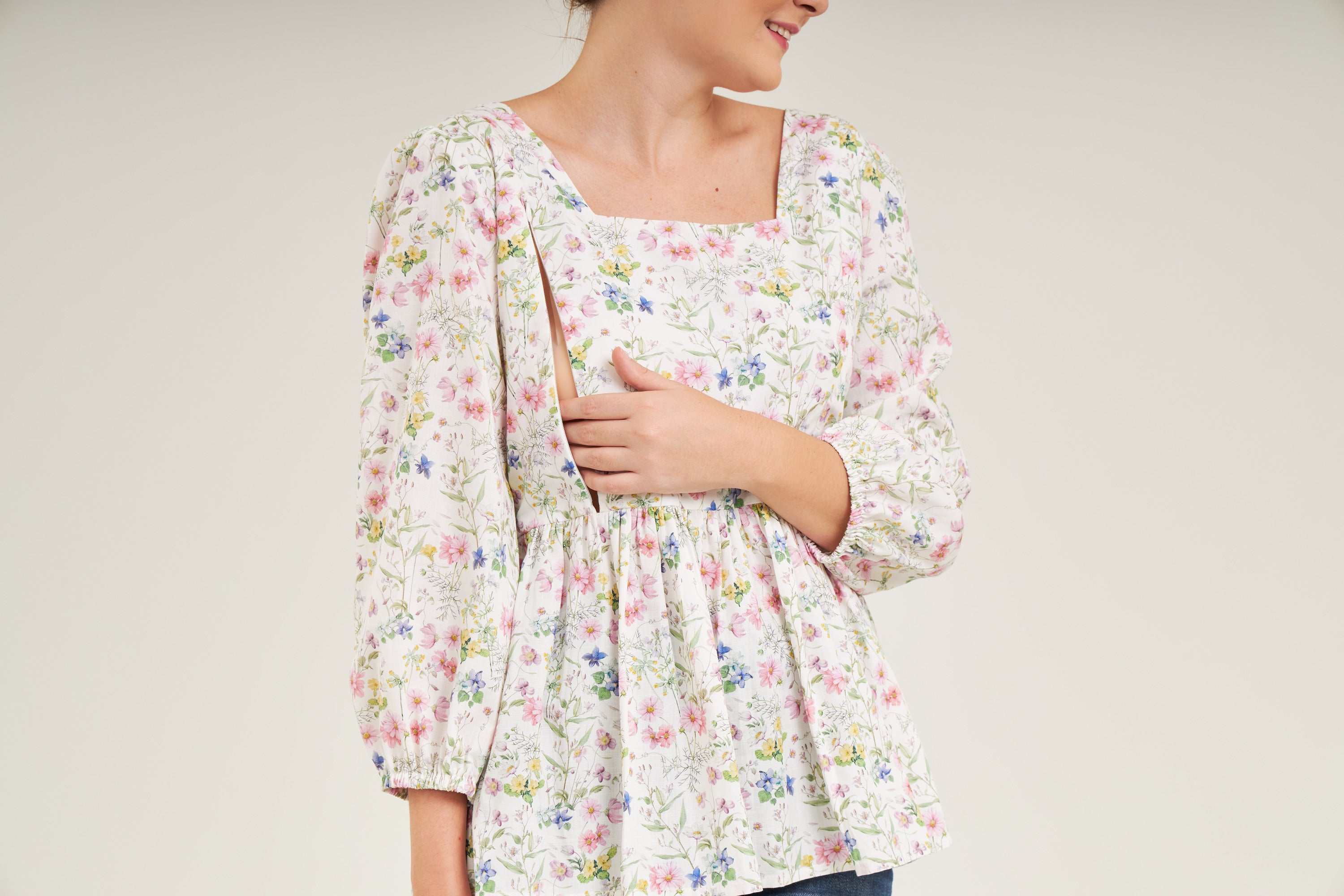 Embrace Cotton Linen Top with Nursing Zippers in Sweet Wildflowers